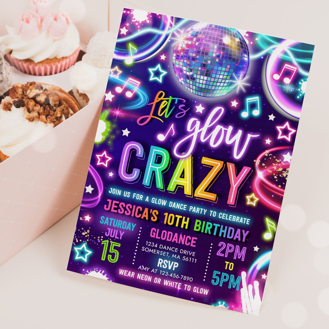 Editable Glow Disco Party Invitation Neon Glow Dance Party Invitation ...