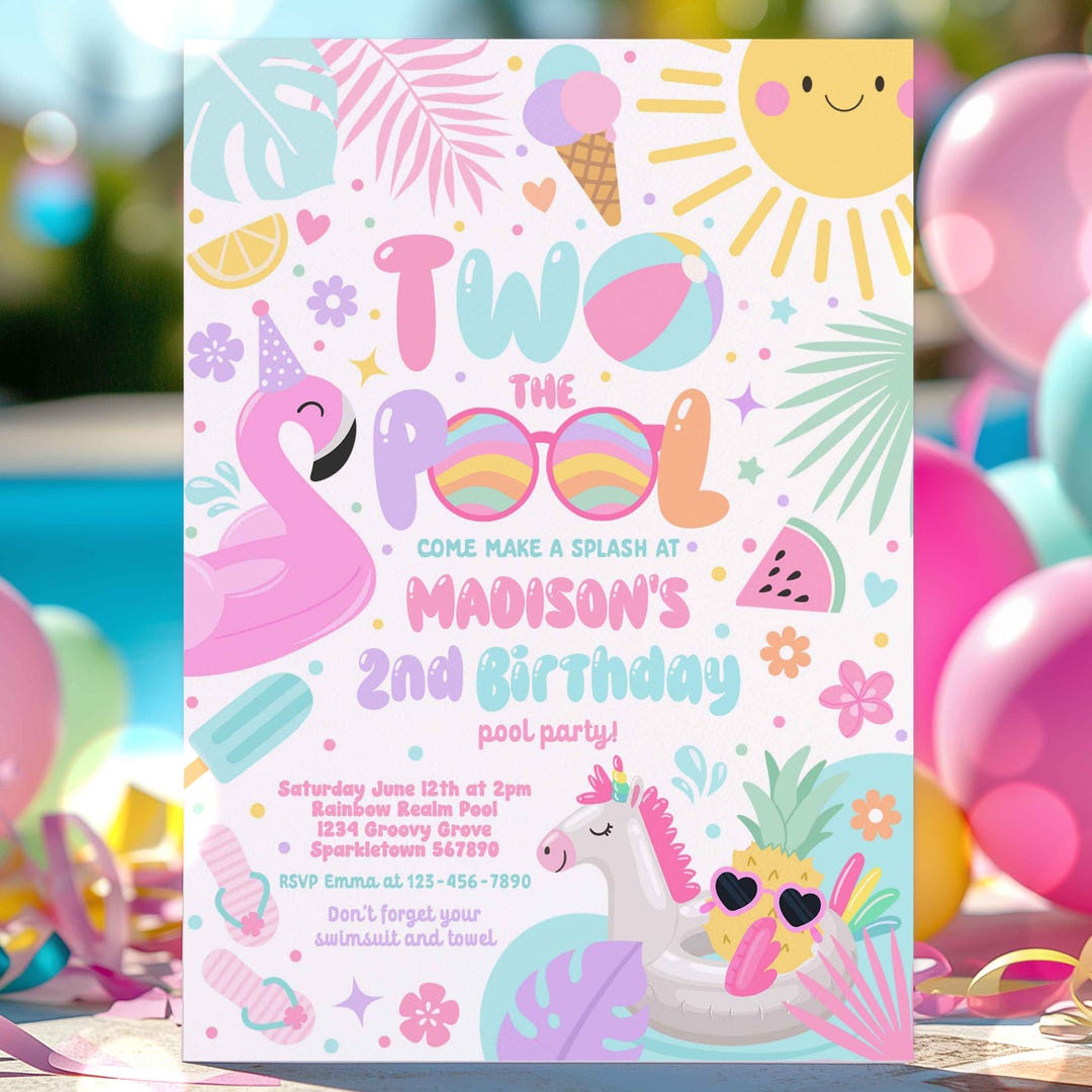 Editable Two the Pool 2nd Birthday Pool Party Invitation Tropical ...