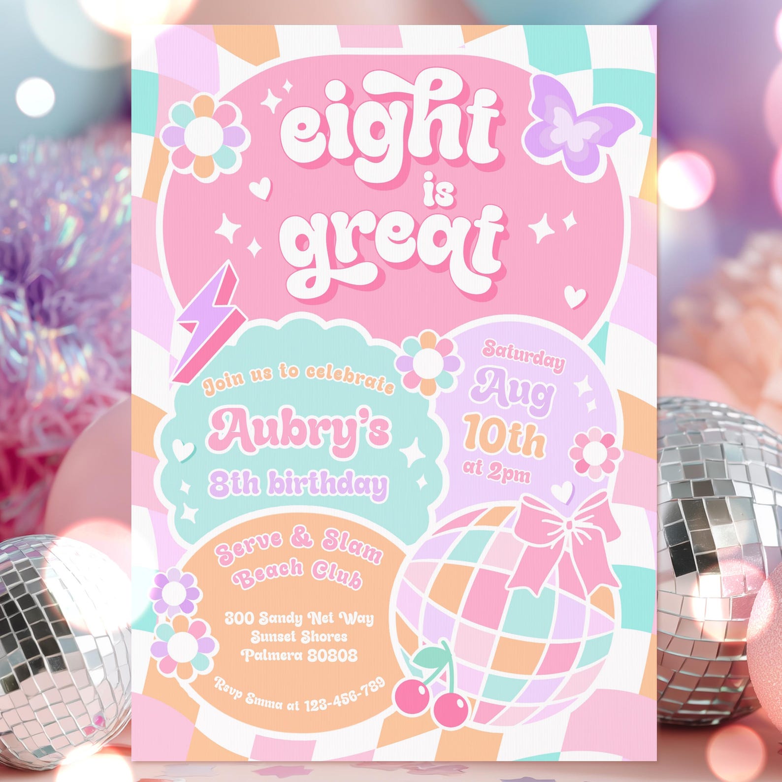 Editable Eight is Great Birthday Party Invitation Groovy 8th Birthday ...