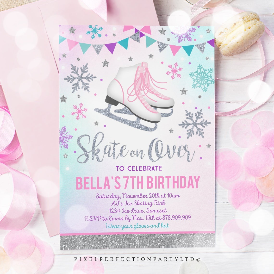 Ice Skating Invitation Ice Skating Birthday Invite Pink Silver - Etsy