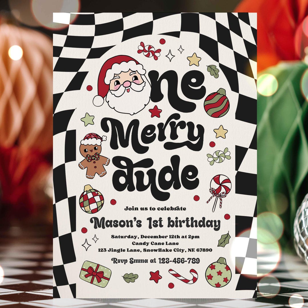 Editable One Merry Dude Christmas 1st Birthday Party Invitation Groovy ...