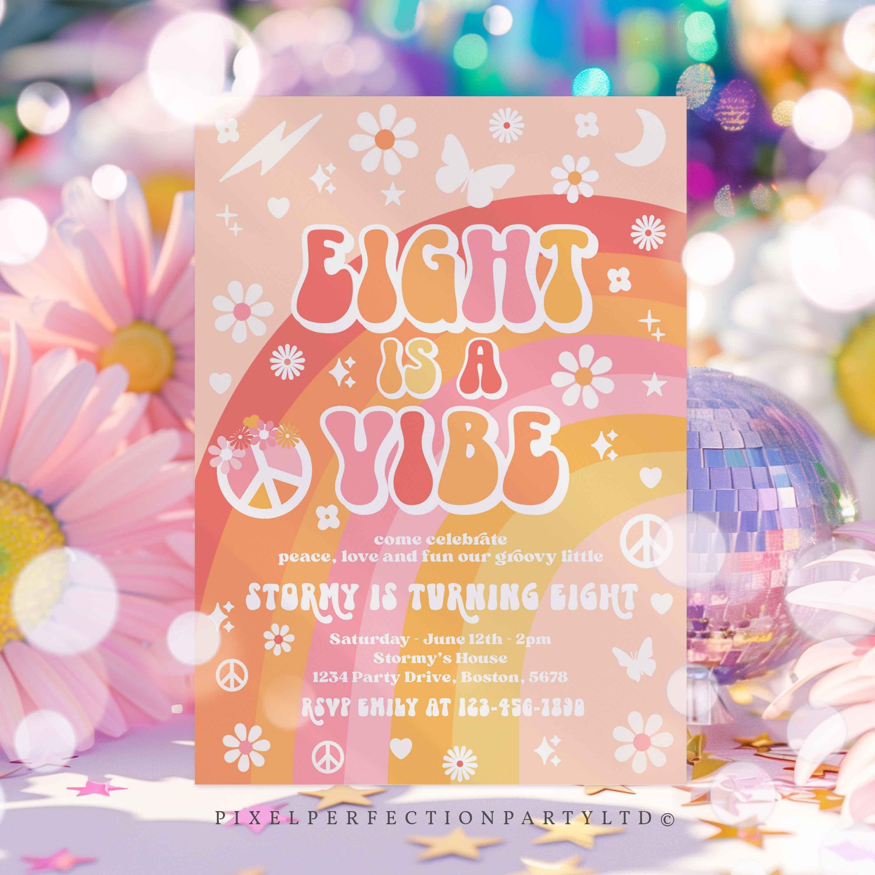 Editable Eight is A Vibe Groovy Birthday Party Invitation Peace Love ...