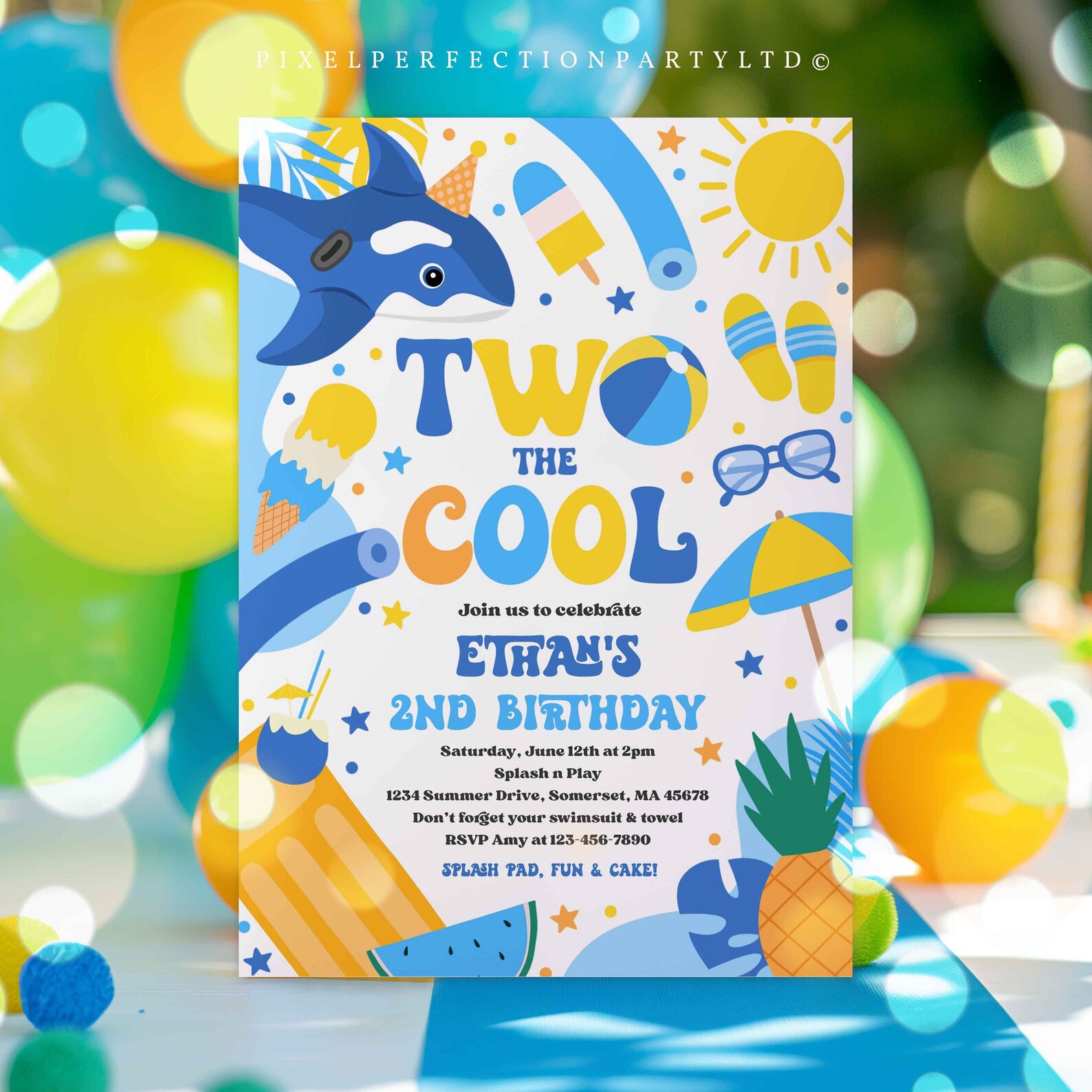Editable Two Cool Birthday Party Invitation Tropical Splish Splash ...