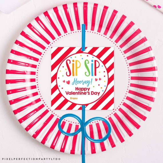 Editable Sip Sip Hooray Valentineʼs Day Gift Tag Valentine Silly Straw ...