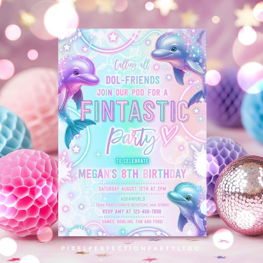 Editable Dolphin Birthday Party Invitation Tie Dye Neon Glow Dolphin ...