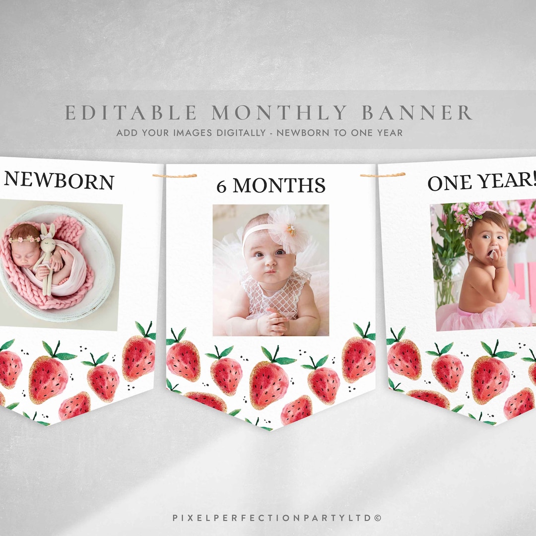 Editable Strawberry Monthly Banner Strawberry Berry First Birthday ...