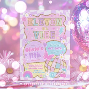 Editable Eleven is A Vibe Preppy 11th Birthday Party Invitation Groovy ...