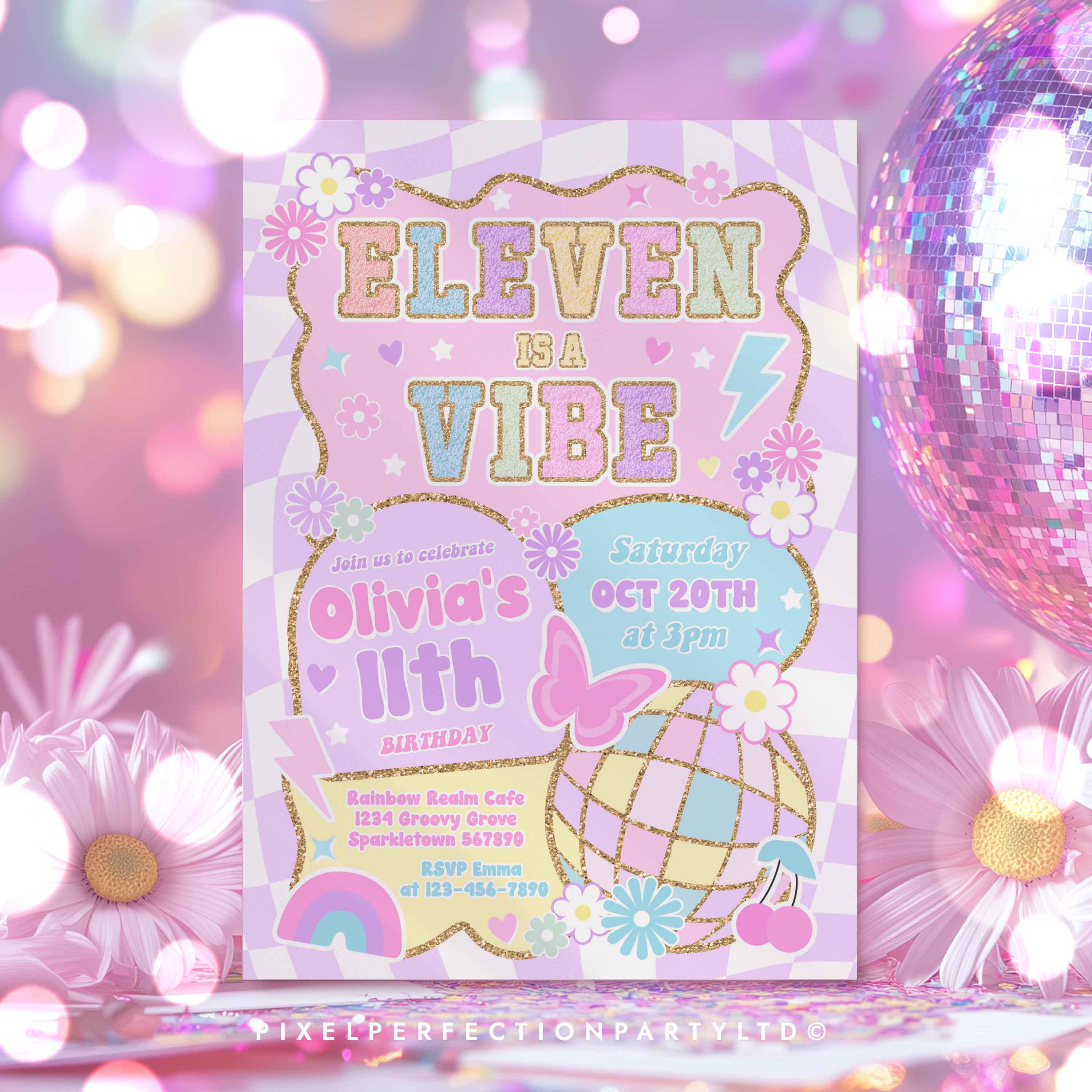 Editable Eleven is A Vibe Preppy 11th Birthday Party Invitation Groovy ...