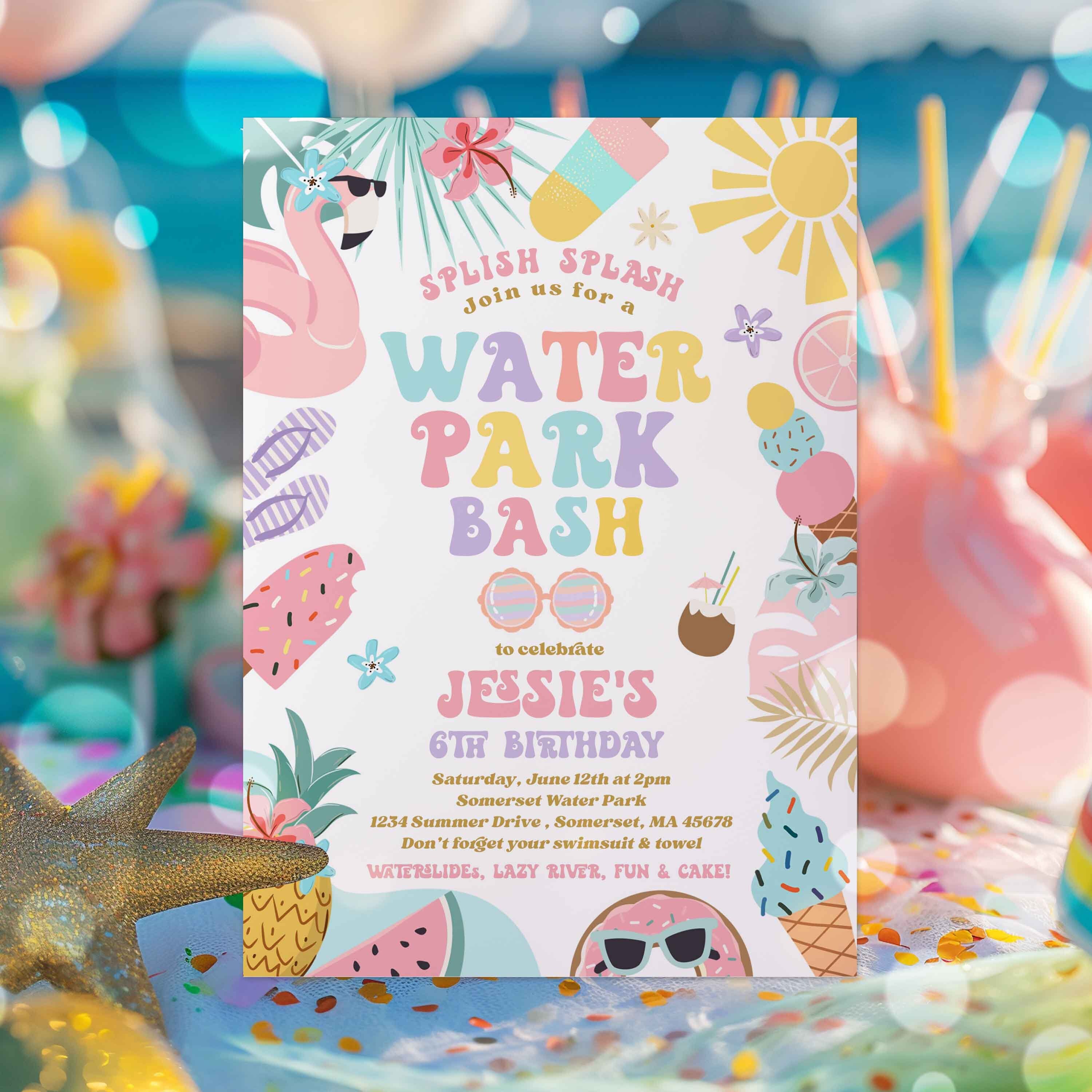 Editable Water Park Birthday Party Invitation Tropical Splish Splash ...
