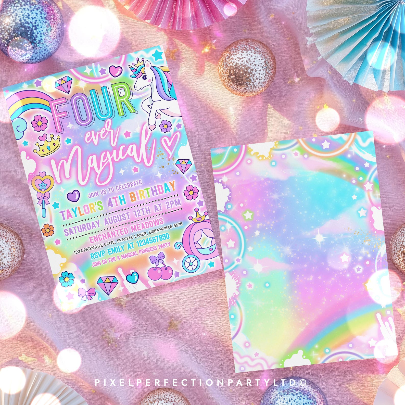 Editable Four Ever Magical Princess 4th Birthday Party Invitation Neon ...