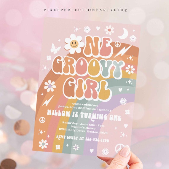 Editable One Groovy Girl Birthday Party Invitation Orange Pink Yellow ...