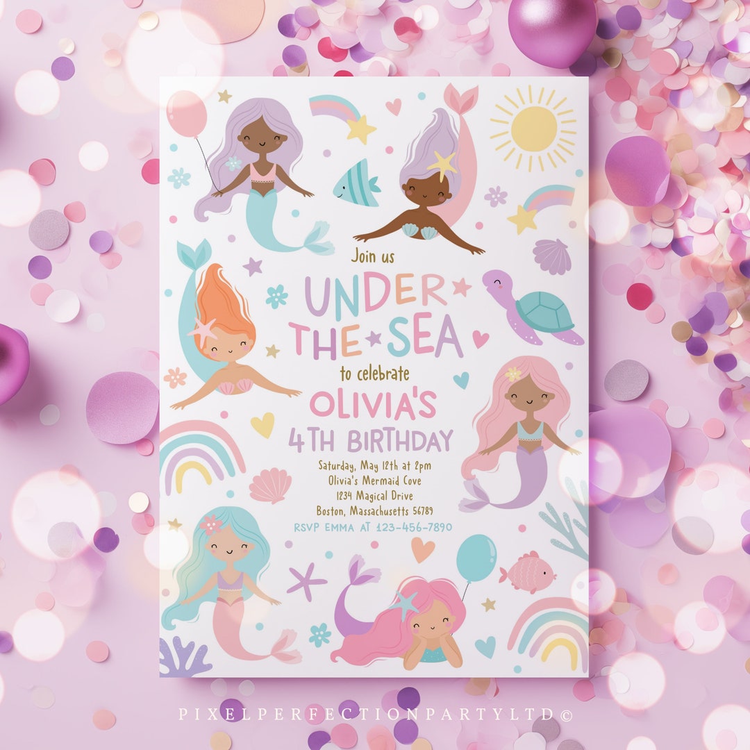 Editable Mermaid Birthday Party Invitation Cute Whimsical Mermaid Under ...