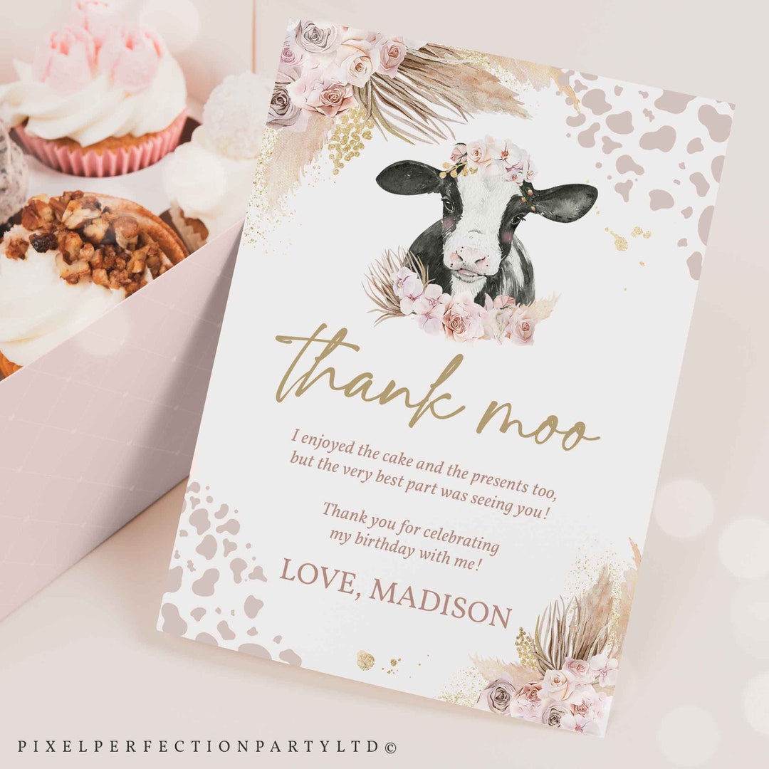 Editable Cow Birthday Party Thank You Card Holy Cow Boho Pampas Grass ...