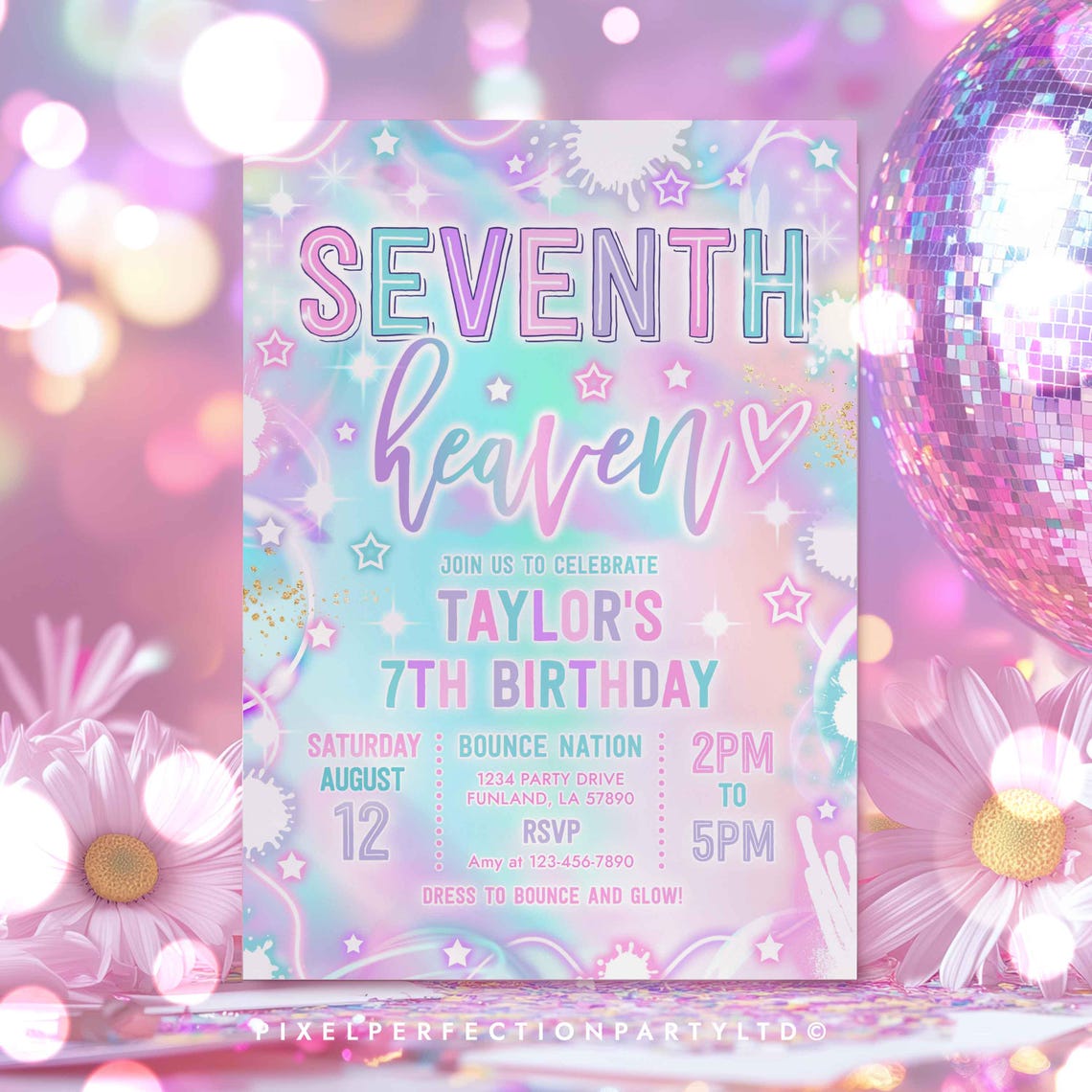 Editable 7th Heaven Pastel Neon Birthday Party Invitation Pastel Neon ...