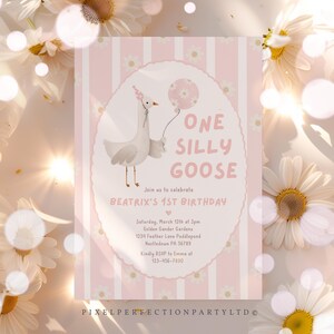 Editable One Silly Goose Birthday Party Invitation Pink Coquette Daisy ...
