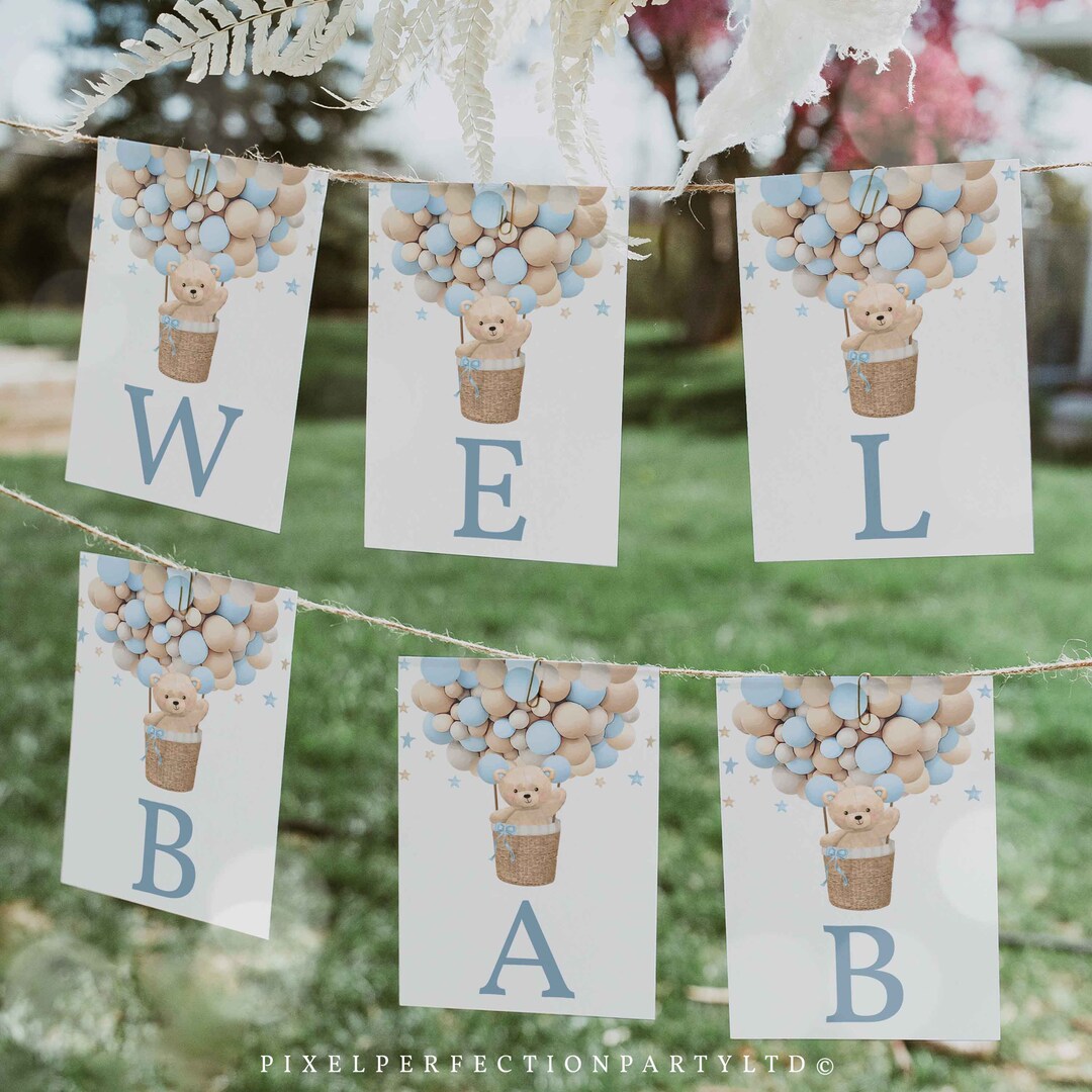 Editable Teddy Bear Hot Air Balloon Baby Shower Banner Boy Blue Teddy ...