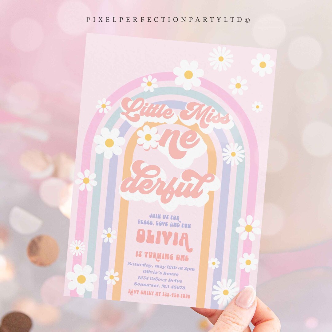 Editable Little Miss Onederful Daisy 1st Birthday Party Invitation Boho ...