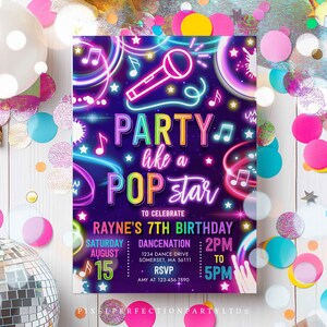 Editable Pop Star Birthday Party Invitation Neon Glow Party Like A ...