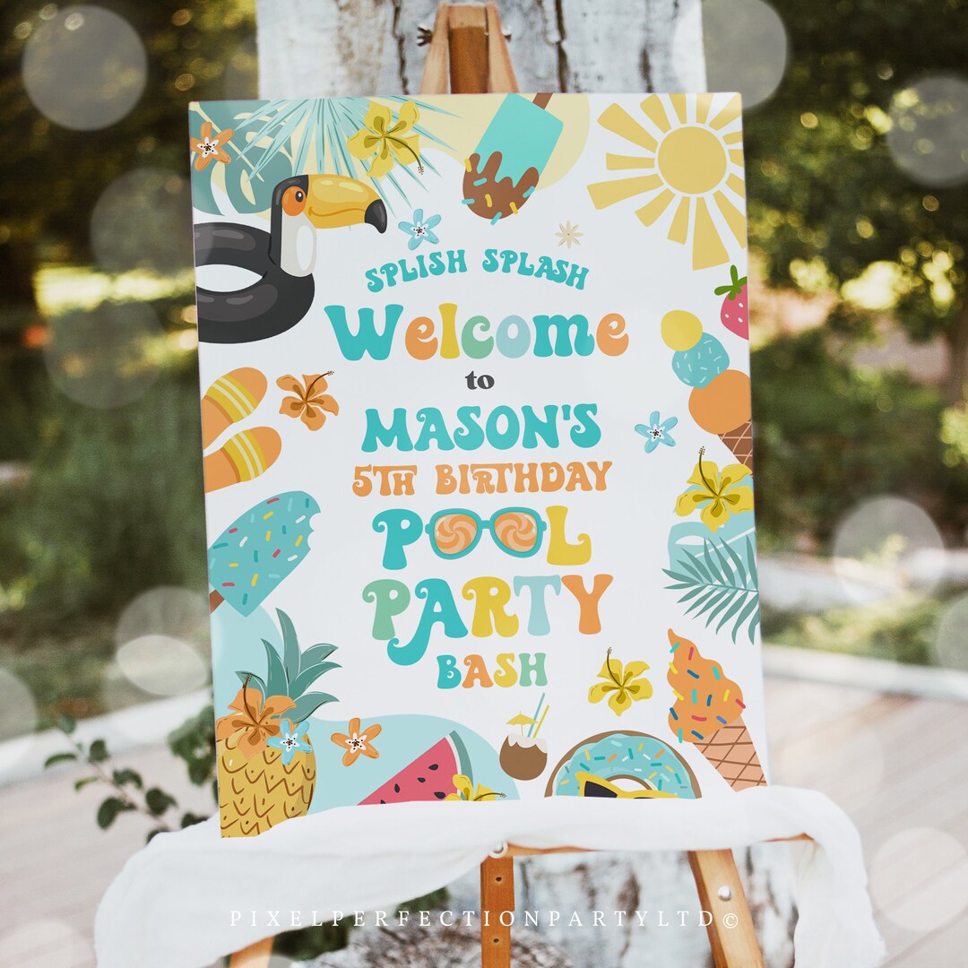 Editable Pool Party Welcome Sign Tropical Splish Splash Toucan Pool ...