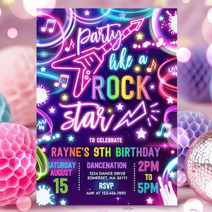 Editable Rock Star Birthday Party Invitation Neon Glow Party Like A ...