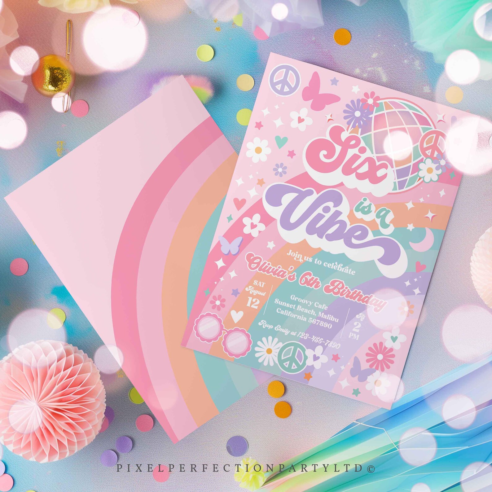 Editable Six is A Vibe 6th Birthday Party Invitation Rainbow Sunshine ...