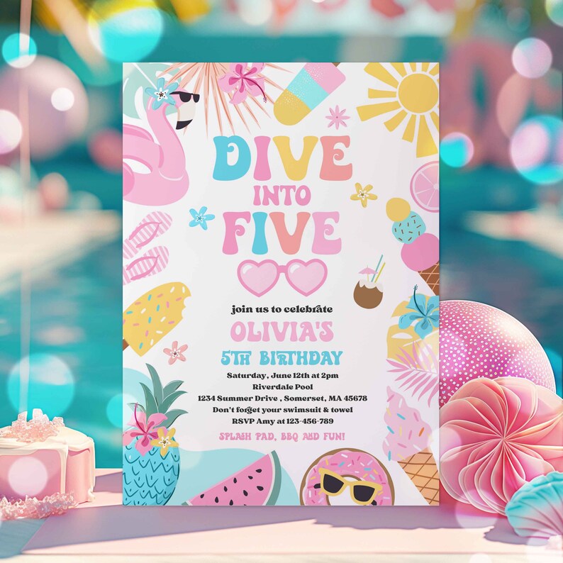 Editable Dive Into Five 5th Birthday Party Invitation Tropical Summer ...