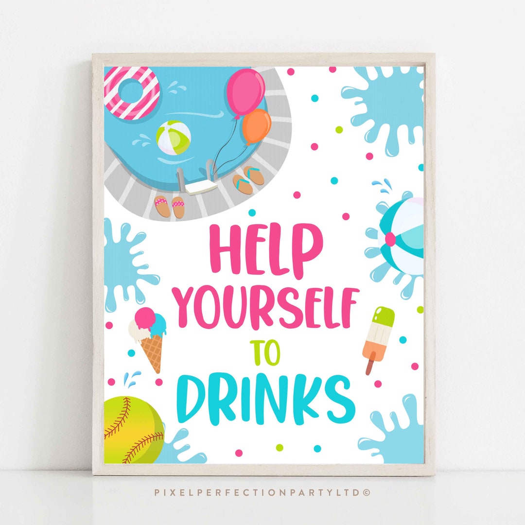 Softball Pool Party Help Yourself to Drinks Table Sign Girl Summer Pool ...