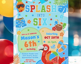 Editable Splash Into Six 6th Birthday Pool Party Invitation Splish ...