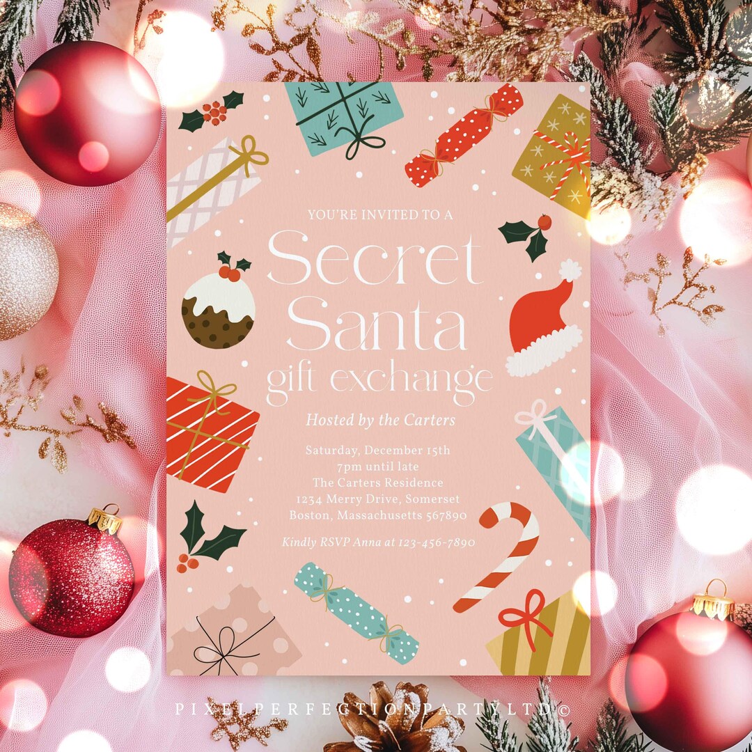 Editable Secret Santa Gift Exchange Invitation Santa Holiday Gift ...