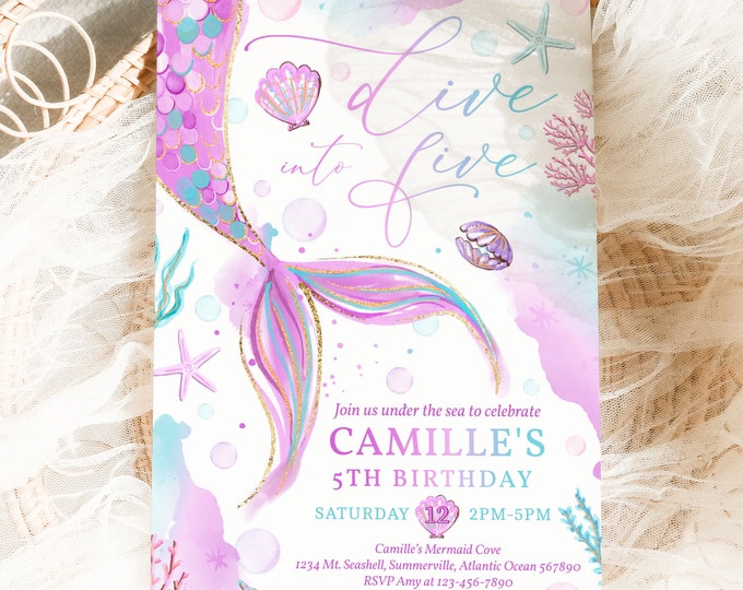 Editable Dive Into Five the Sea Mermaid Purple Teal Mermaid Birthday ...