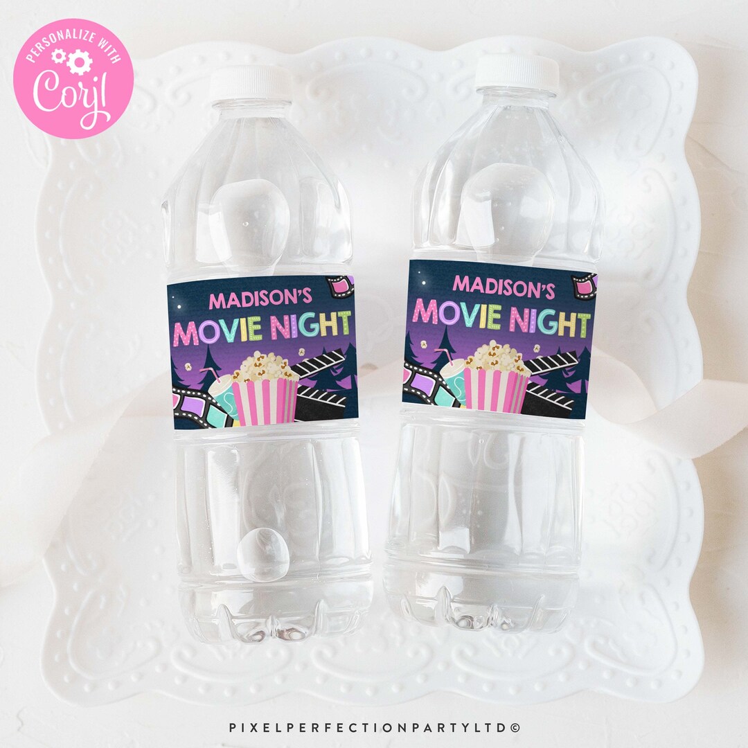 EDITABLE Movie Night Water Bottle Labels Backyard Movie Night - Etsy