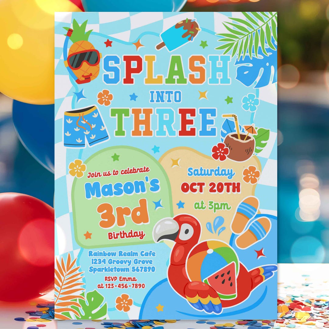 Editable Splash Into Three 3rd Birthday Pool Party Invitation Tropical ...