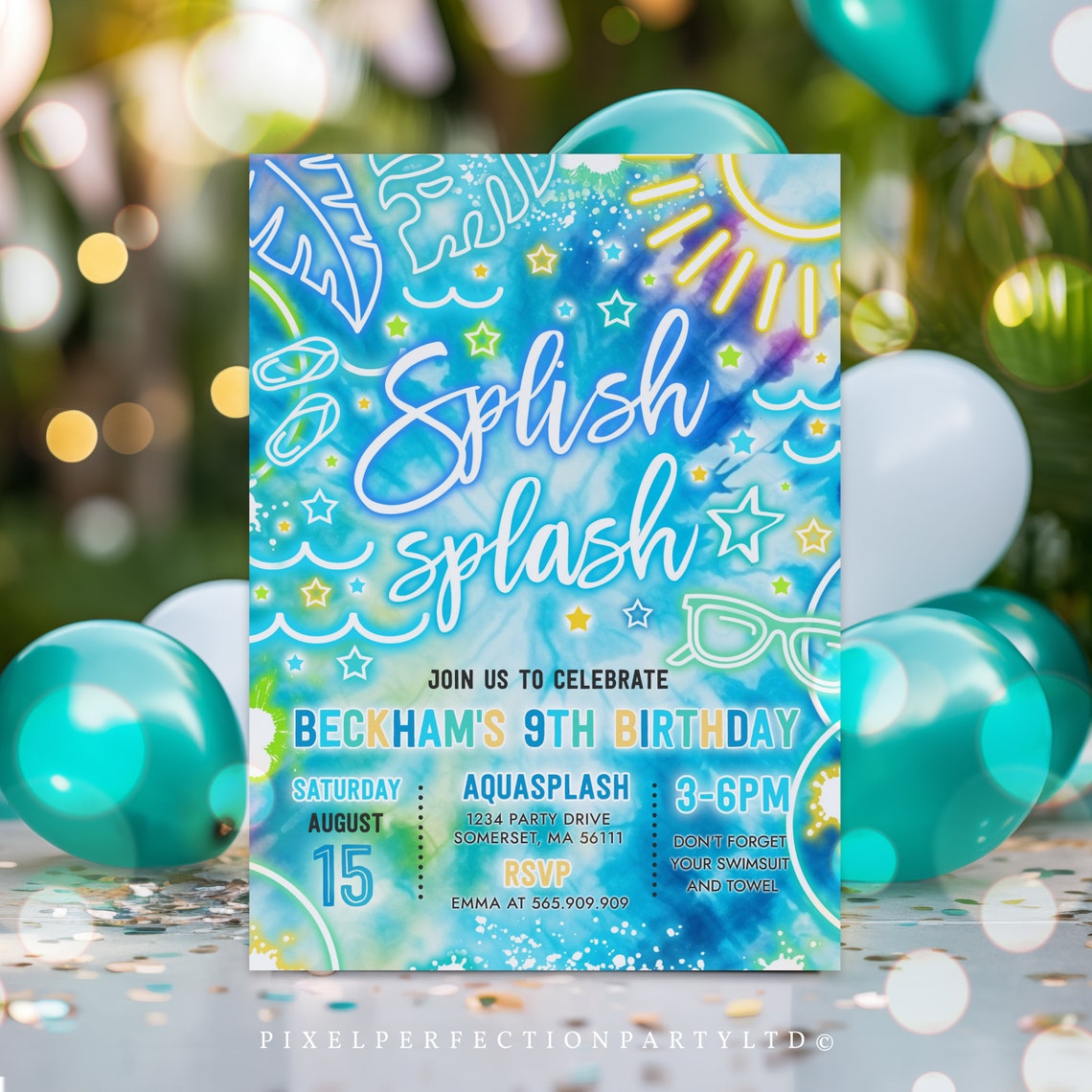 Editable Splish Splash Birthday Party Invitation Glow Neon Tie Dye ...