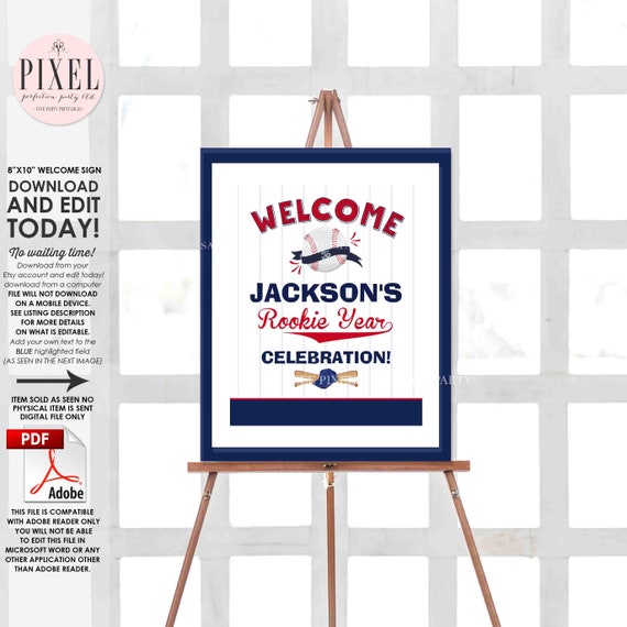 Editable Baseball Rookie Year Welcome Sign Baseball 1st Birthday ...