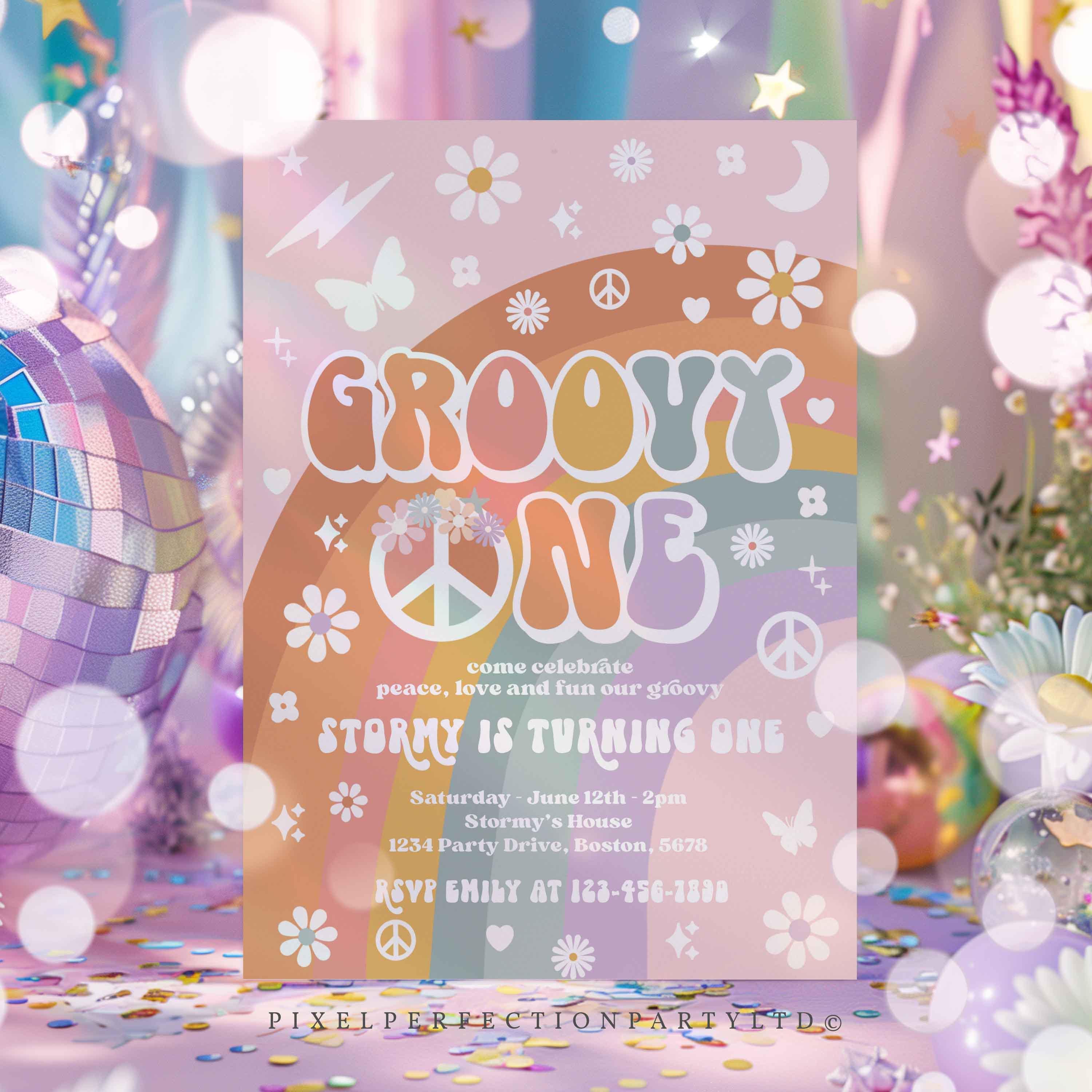 Editable Groovy One Birthday Party Invitation Peace Love Party Groovy ...