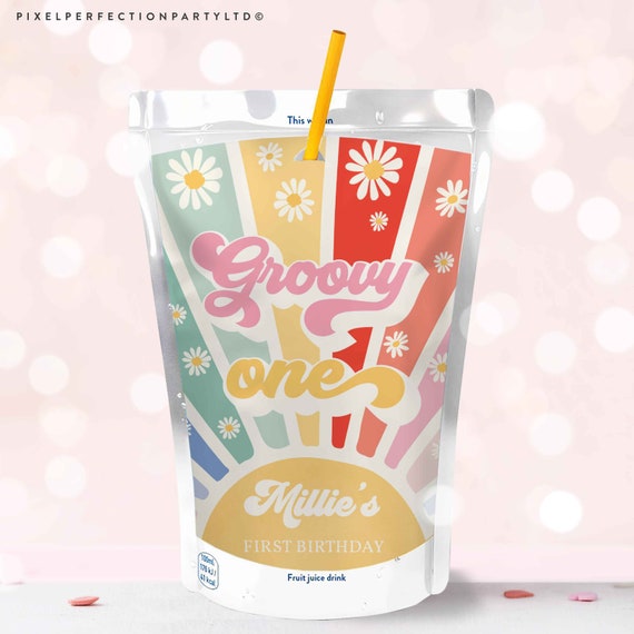 Editable Groovy Birthday Party Juice Pouch Labels Retro Sunshine Groovy ...
