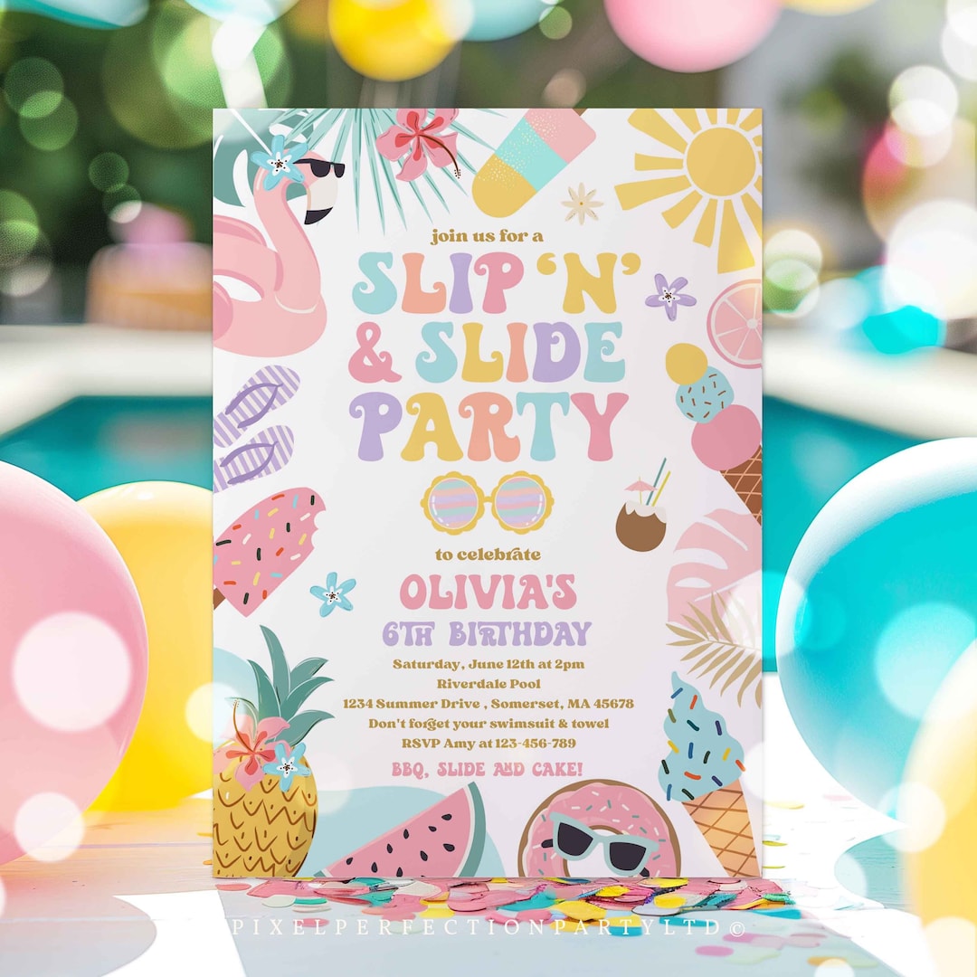 Editable Slip ’N’ Slide Birthday Party Invitation Tropical Splish ...