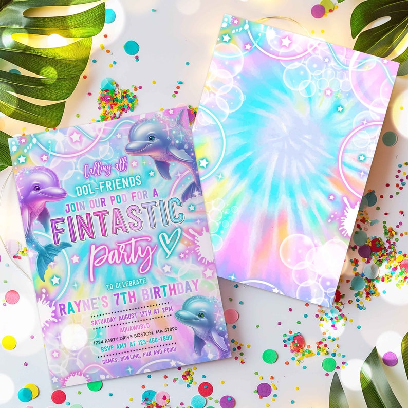 Editable Dolphin Birthday Party Invitation Tie Dye Neon Glow Dolphin ...
