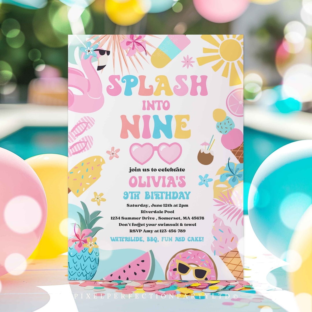 Editable Splash Into Nine 9th Birthday Pool Party Invitation Tropical Summer Splish Splash Girly ...