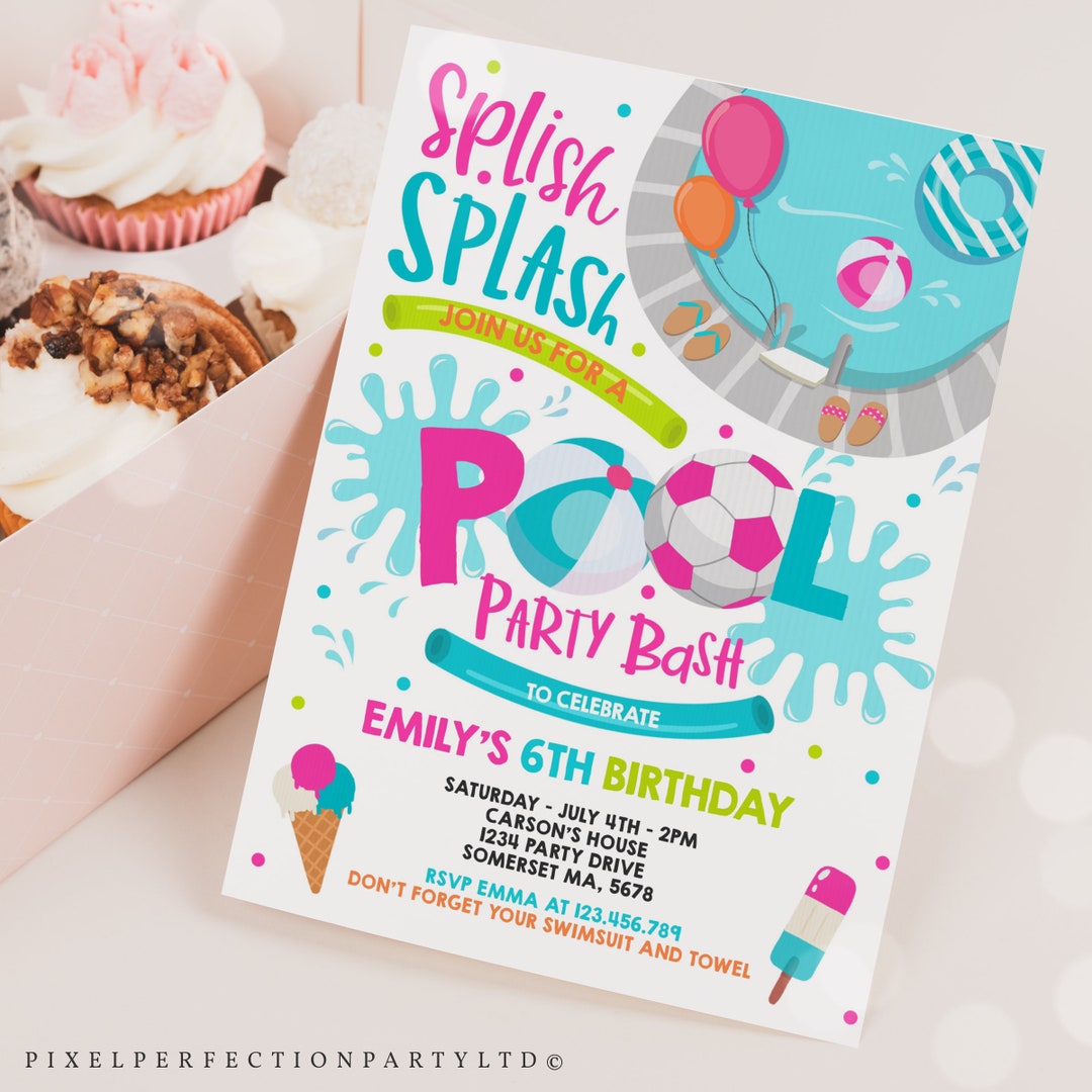 Editable Girl Soccer Pool Party Invitation Sports Summer Pink Girl Pool ...