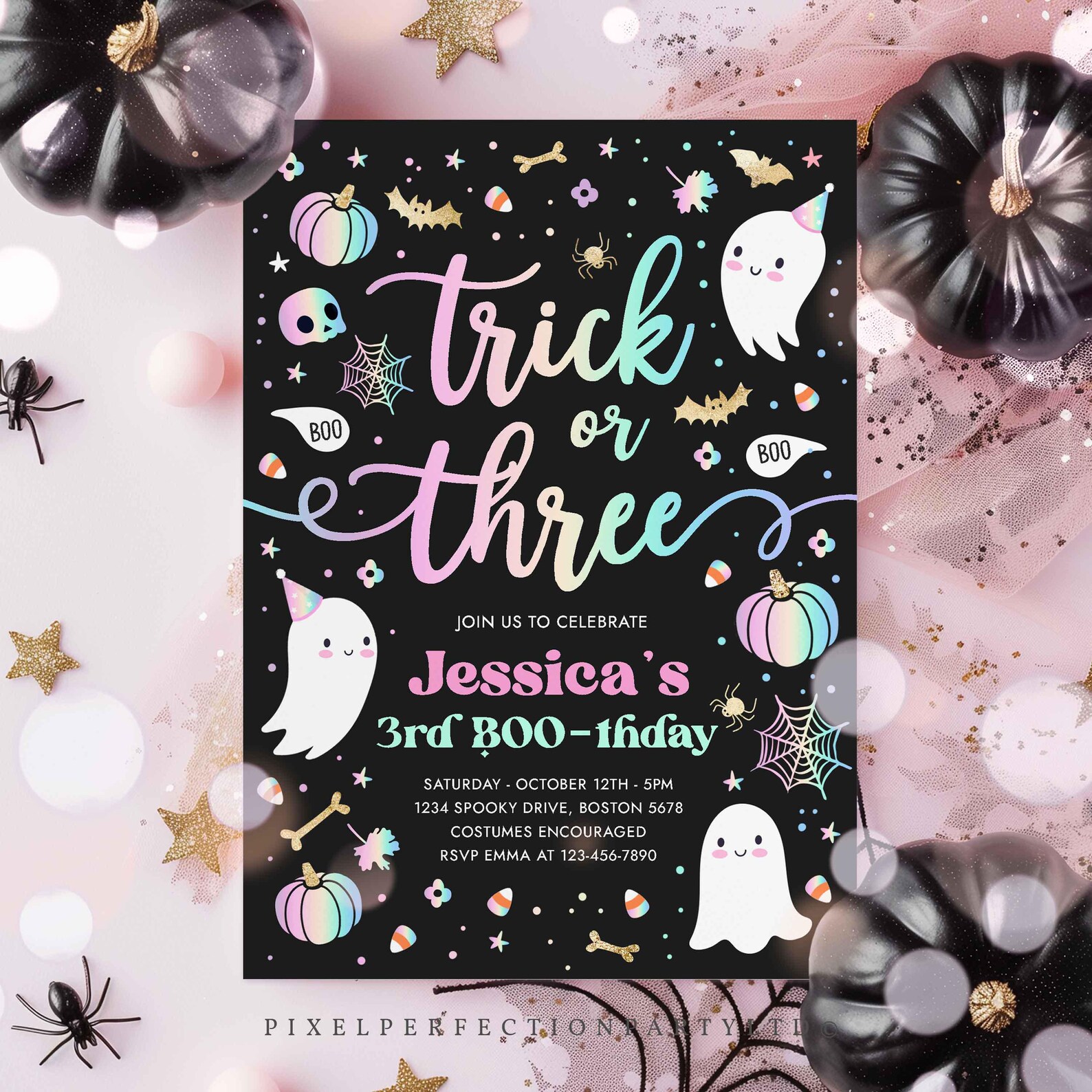 Editable Trick or Three Halloween Ghost 3rd Birthday Party Invitation ...