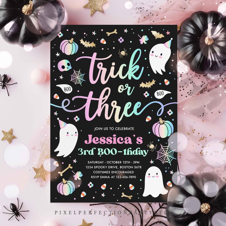 Editable Trick or Three Halloween Ghost 3rd Birthday Party Invitation ...