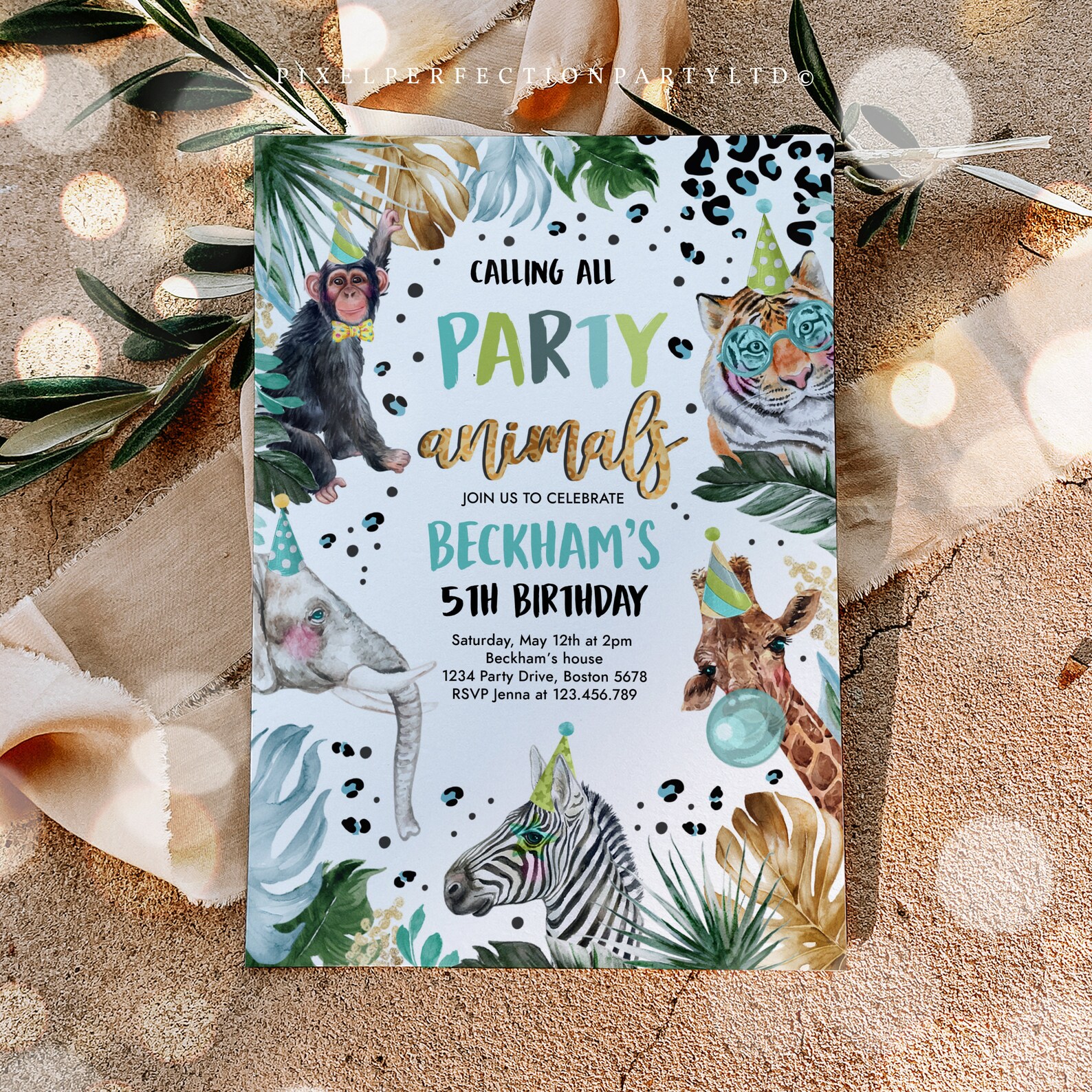 Editable Party Animals Birthday Invitation Leopard Print Safari Animals ...