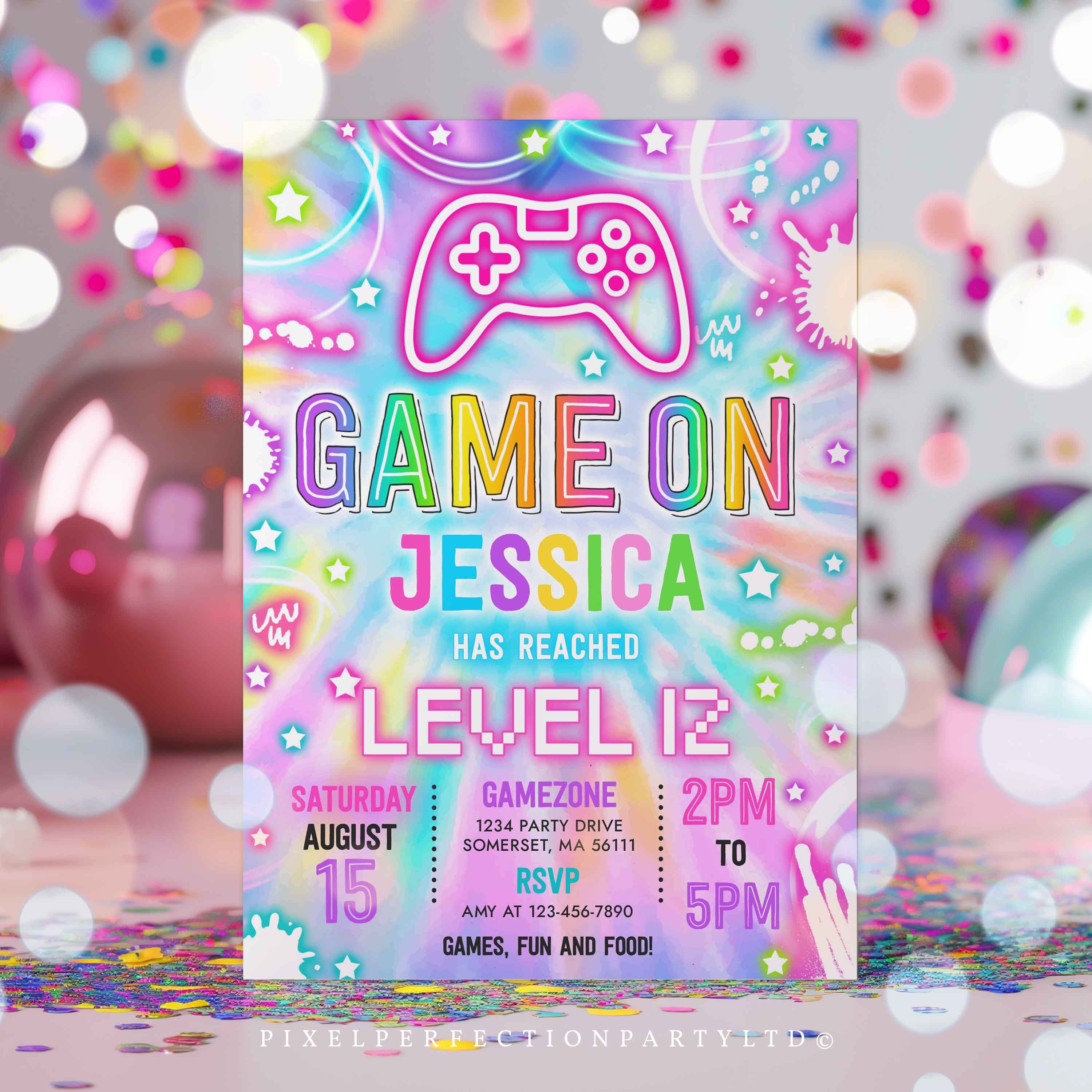 Editable Video Game Birthday Invitation Gamer Girl Birthday Party Tie ...