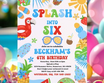 Editable Splash Into Six 6th Birthday Pool Party Invitation Splish ...