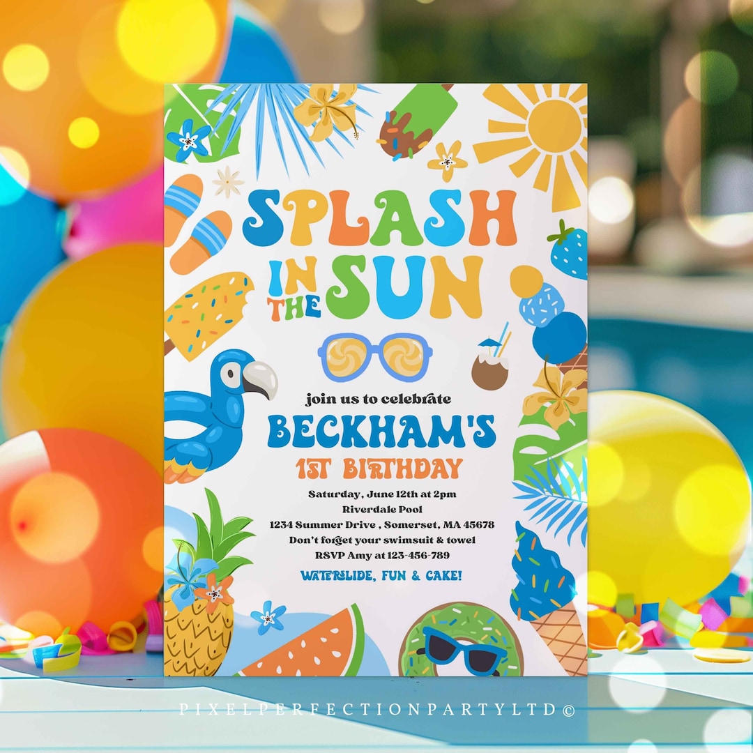 Editable Splash in the Sun 1st Birthday Party Invitation Boy Tropical ...