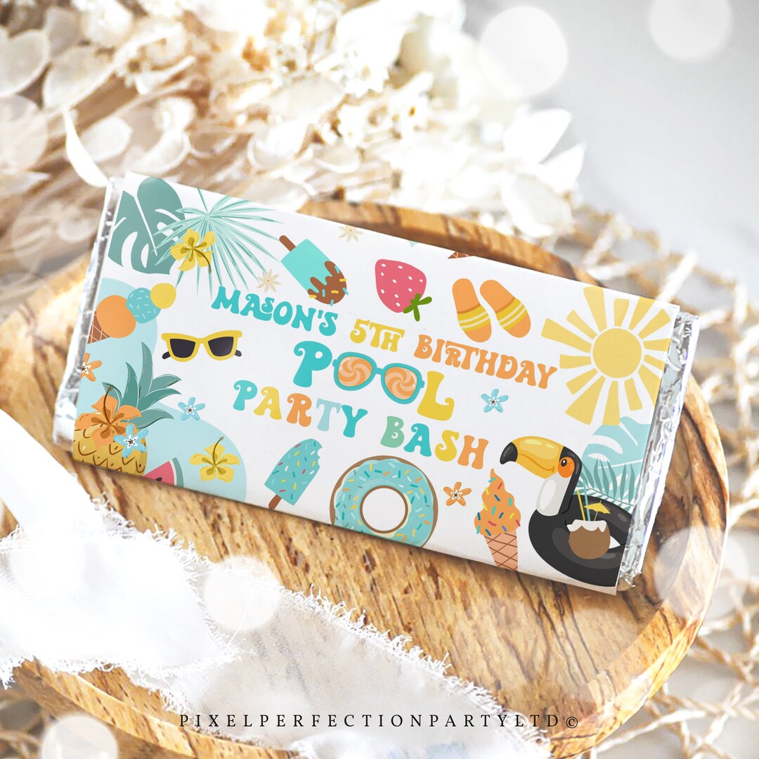 Editable Pool Party Candy Bar Wrapper Label Tropical Toucan Pool Float ...