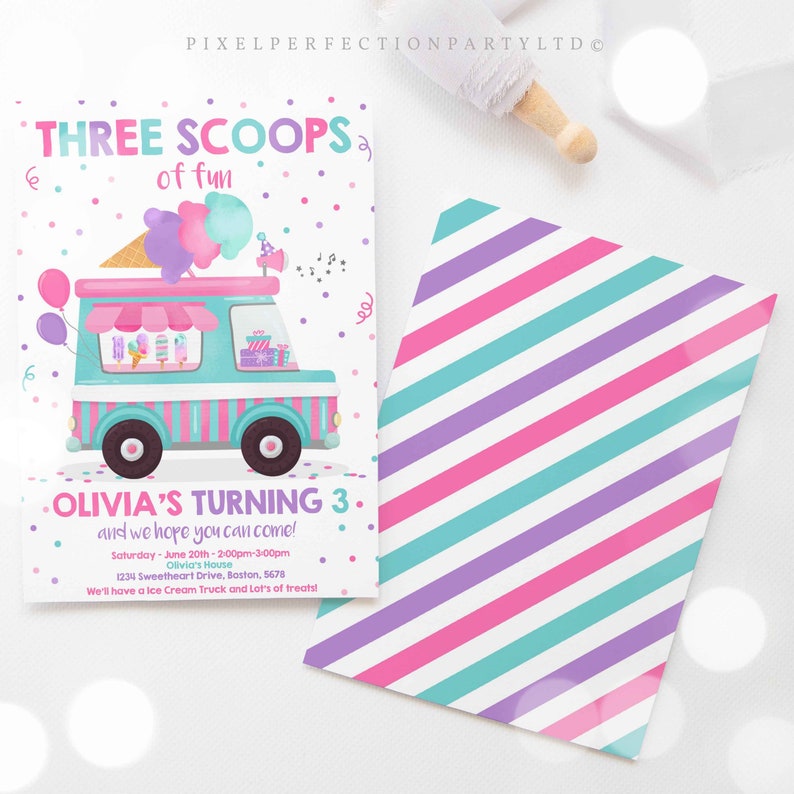 Editable Ice Cream Truck Three Scoops of Fun 3rd Birthday - Etsy
