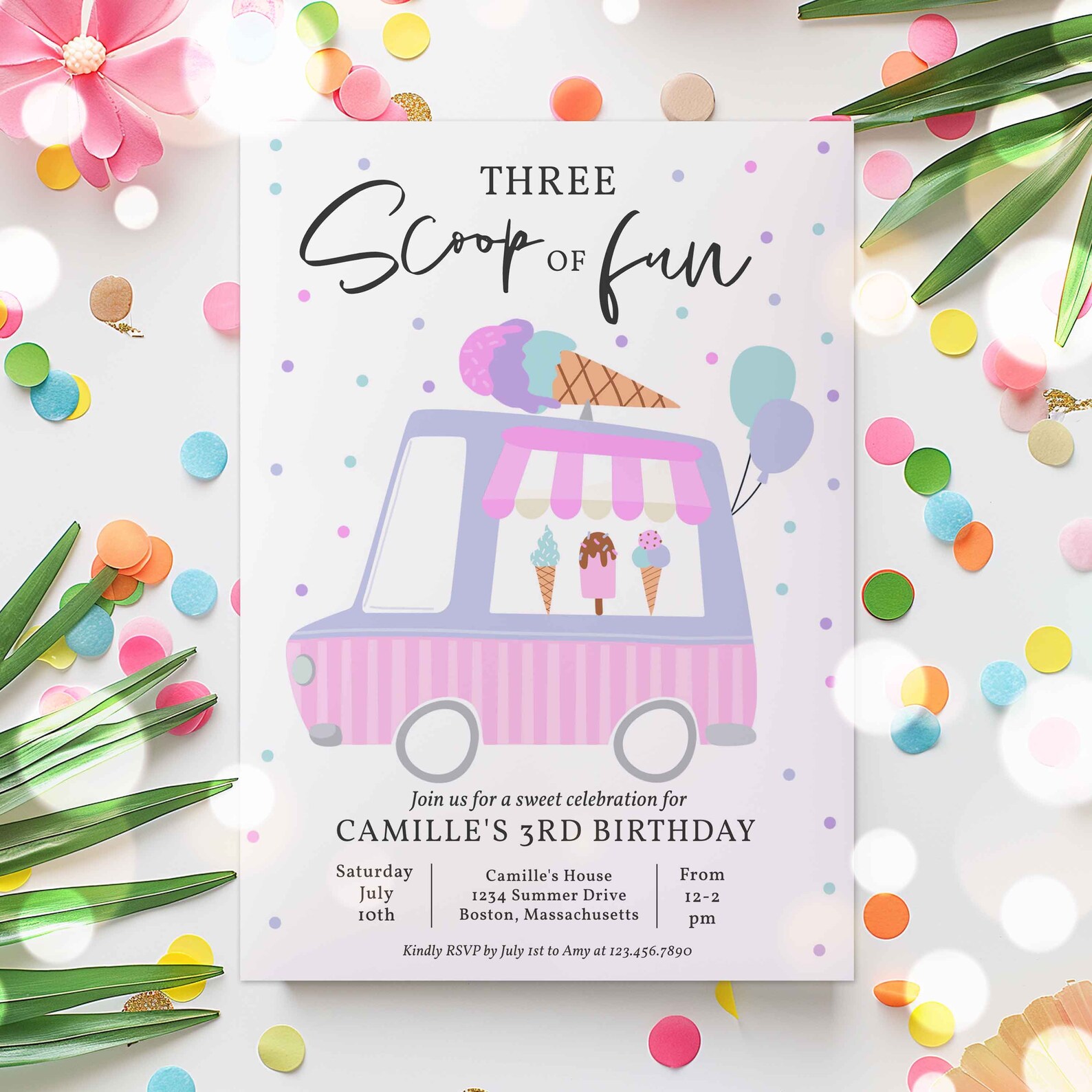Editable Three Scoops of Fun Ice Cream Birthday Party Invitation Ice ...