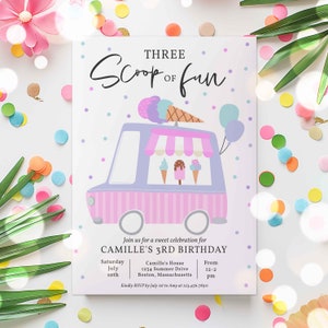 Editable Three Scoops of Fun Ice Cream Birthday Party Invitation Ice ...